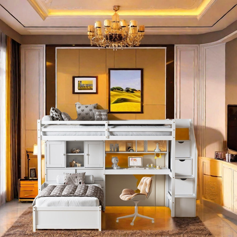 Harriet Bee Twin Loft Bed With Staircase And Storage Bunk Bed With Desk Shelves And Storage Compartment Space Saving Multifunctional Platform Bed For Kids Easy Assembly Wayfair